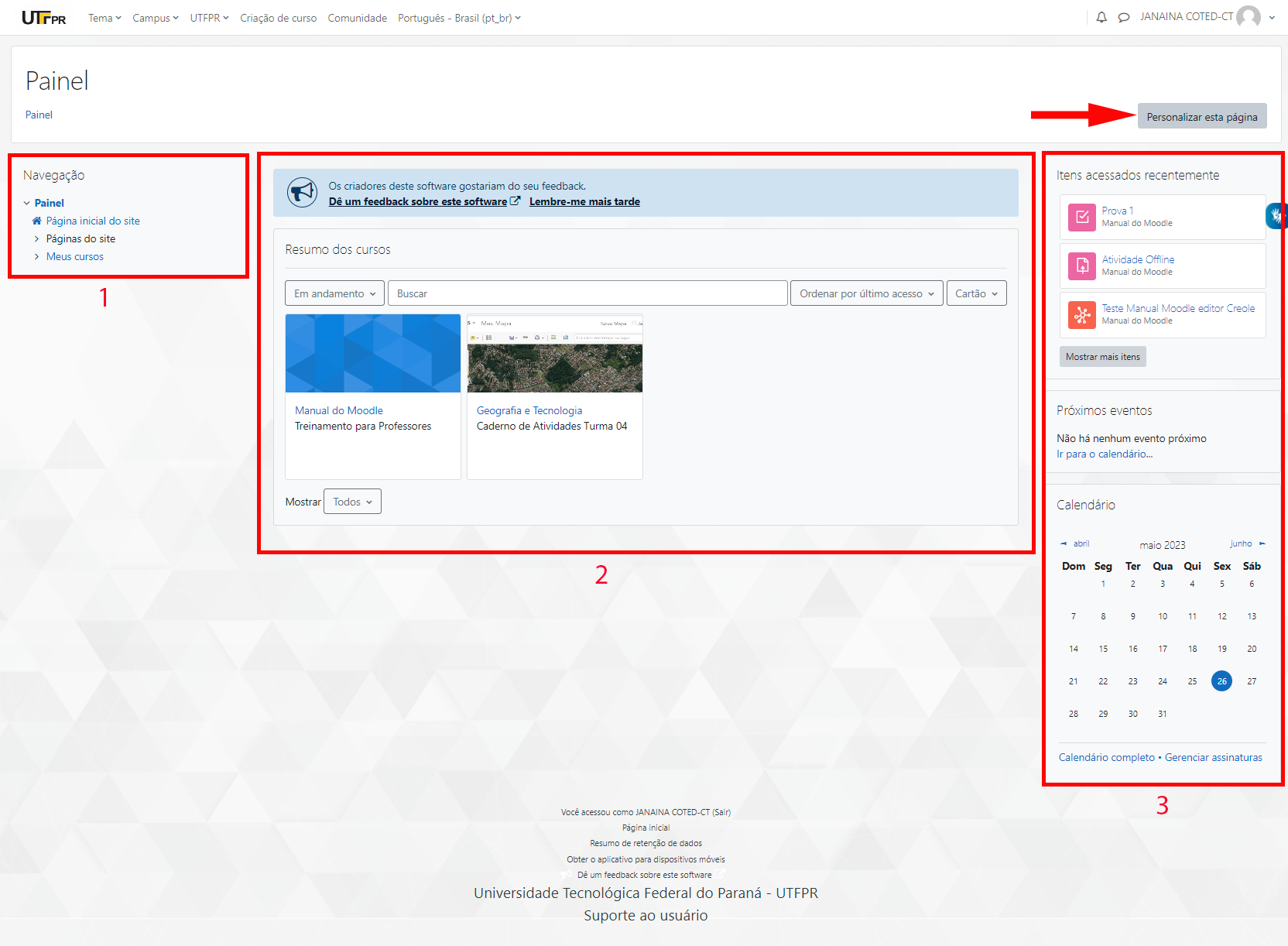 2. Minha página inicial - Manual Moodle UTFPR